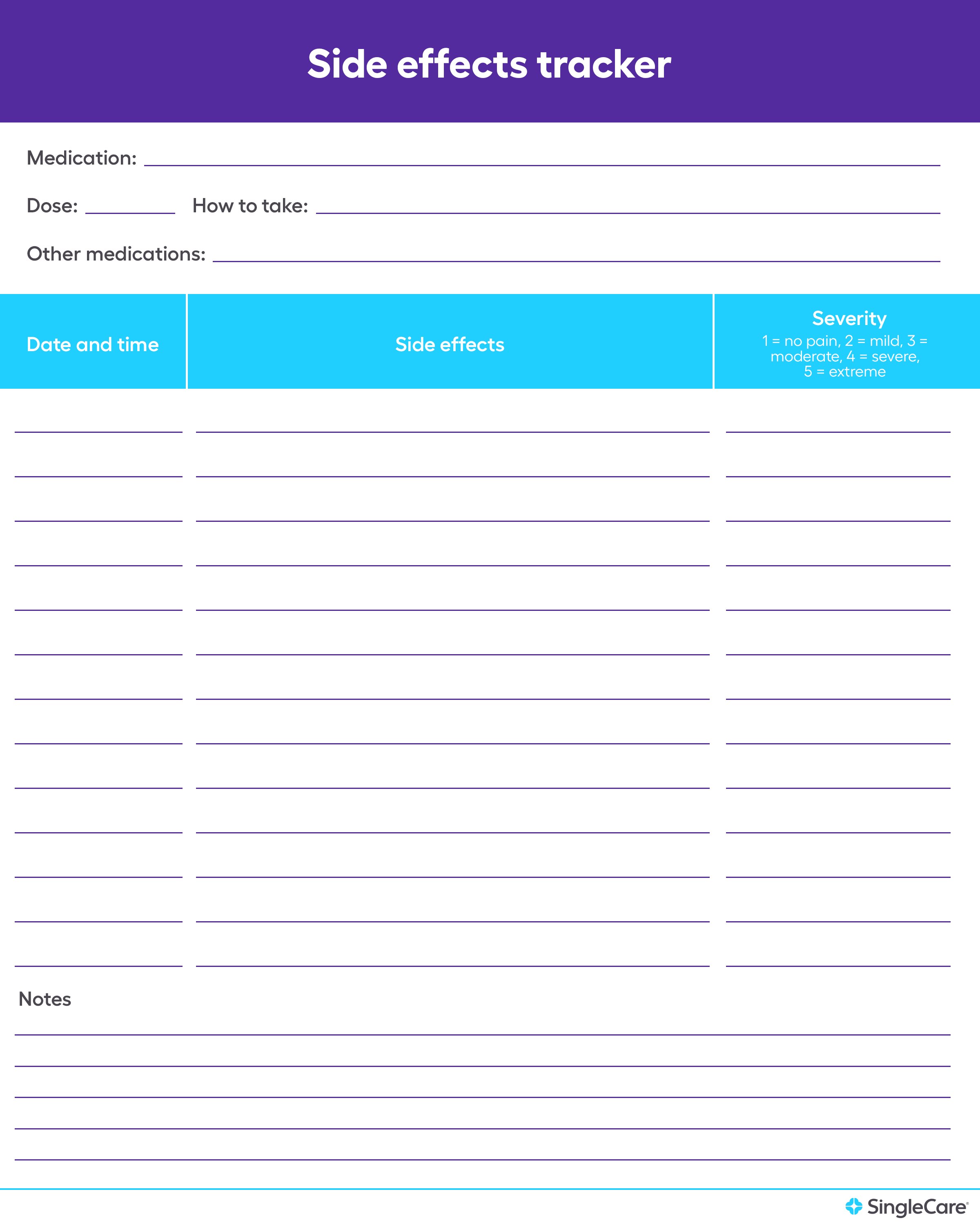 Medication Side Effect Log 5 Pages Paper Party Supplies Paper Bridge 